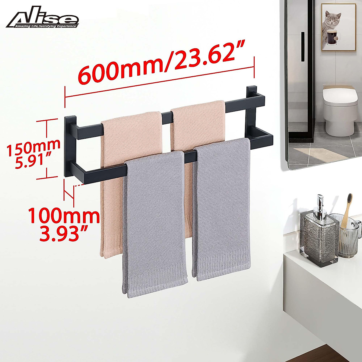 Alise Double Bath Towel Bars Towel Racks for Bathroom Lavatory Wall Mount,Towel Hanger SUS304 Stainless Steel Towel Holder Towel Rail 23.2 Inch,Matte Black,GOY002-B