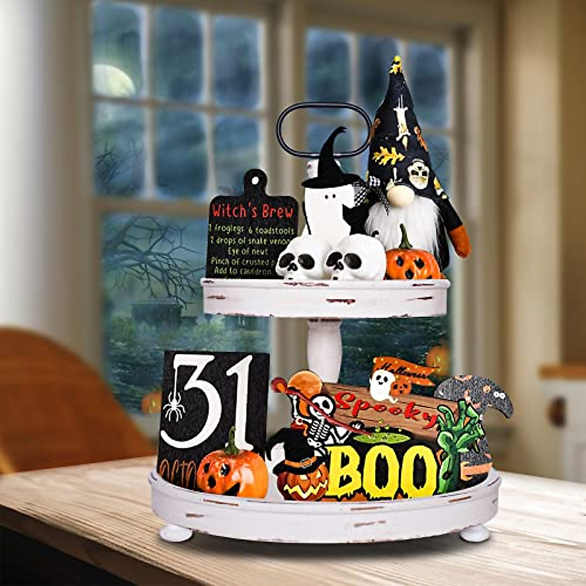 MAONAME Distressed White Tiered Tray, Wooden 2 Tier Tray with Metal Handle, 14.5" x 14.5" x 18", Farmhouse 2 Tier Tray Decor, Rustic Two Tiered Tray for Seasonal Decorations