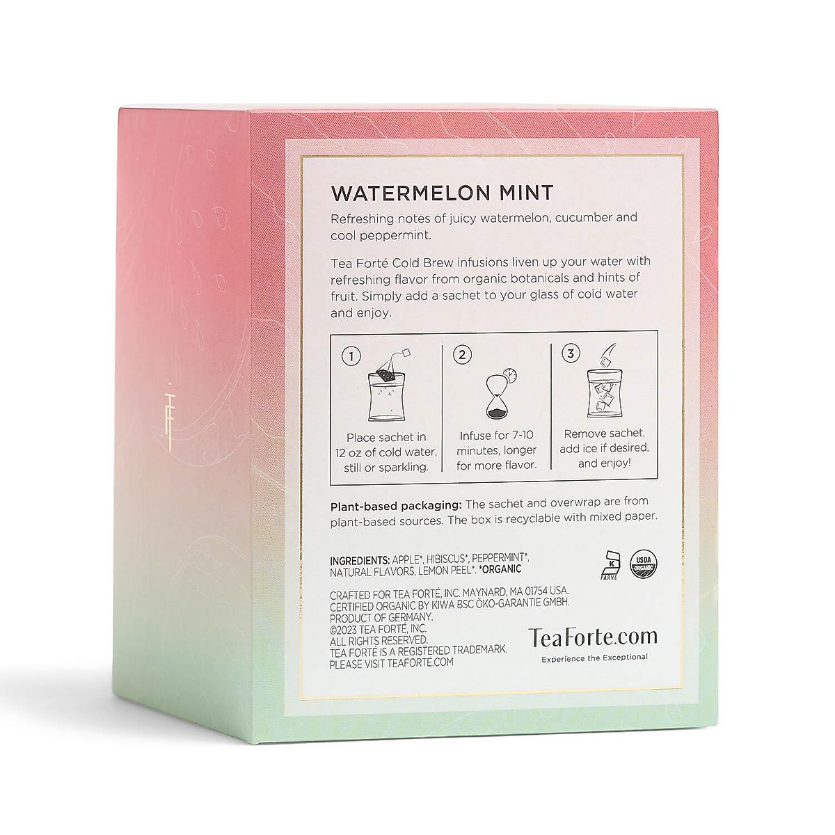 Tea Forte Watermelon Mint Cold Brew Iced Tea, Organic Caffeine Free 15 Sachet Infuser Tea Bags, Steeps in Cold Water