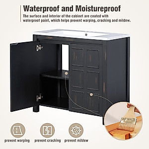 LJJDMI 36" Bathroom Vanity Cabinet Organizer with Sink, Bathroom Storage Cabinet, Combo Cabinet Set, Vintage Distressed Black