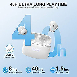 Wireless Earbud, Bluetooth 5.2 Headphones with LED Power Display, Bluetooth Earbud in Ear Noise Cancelling with Mic, Wireless Earphones with Deep Bass, IP7 Waterproof, 40H Playtime Ear Buds, White