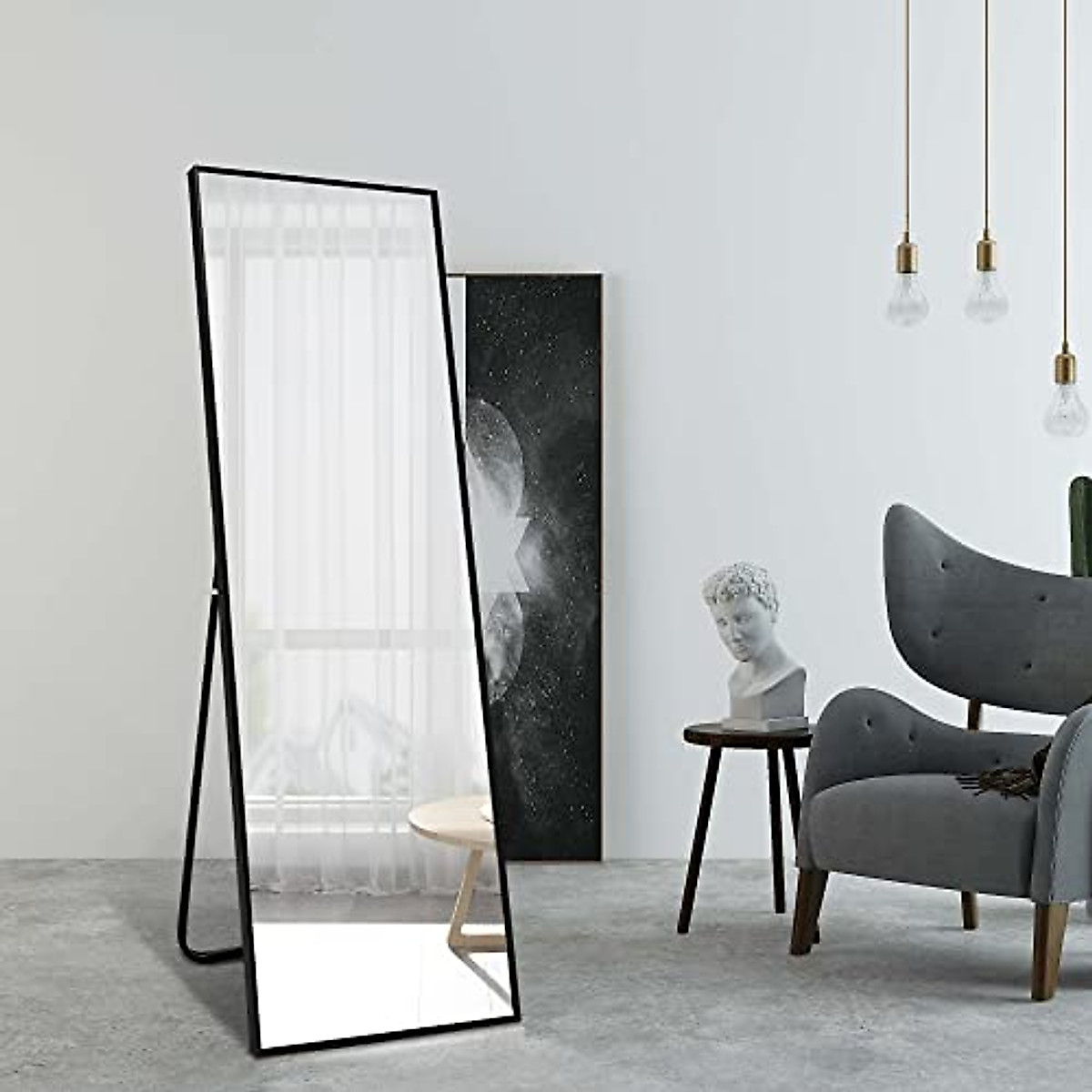 FLYMUHJIA Wall Mirror Full Length Full Body Mirror Floor Mirror Standing Mirror with Aluminum Alloy Thin Frame for Bedroom Living Room, 63” X20” Black