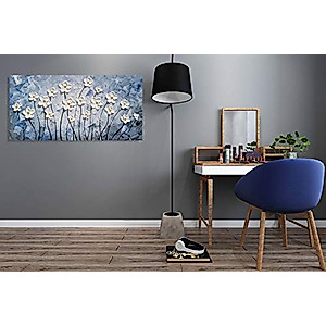 YHSKY ARTS Floral Canvas Wall Art Hand Painted Blue and White Heavy Textured Painting Modern Abstract Flower Pictures Contemporary Artwork for Living Room Bedroom Office Decoration