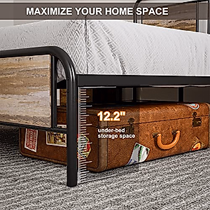 IKIFLY Metal Queen Size Platform Bed Frame with Industrial Wood Headboard/Footboard, Strong Metal Slats, Easy Assembly, Noise-Free, No Box Spring Needed - Wood Brown