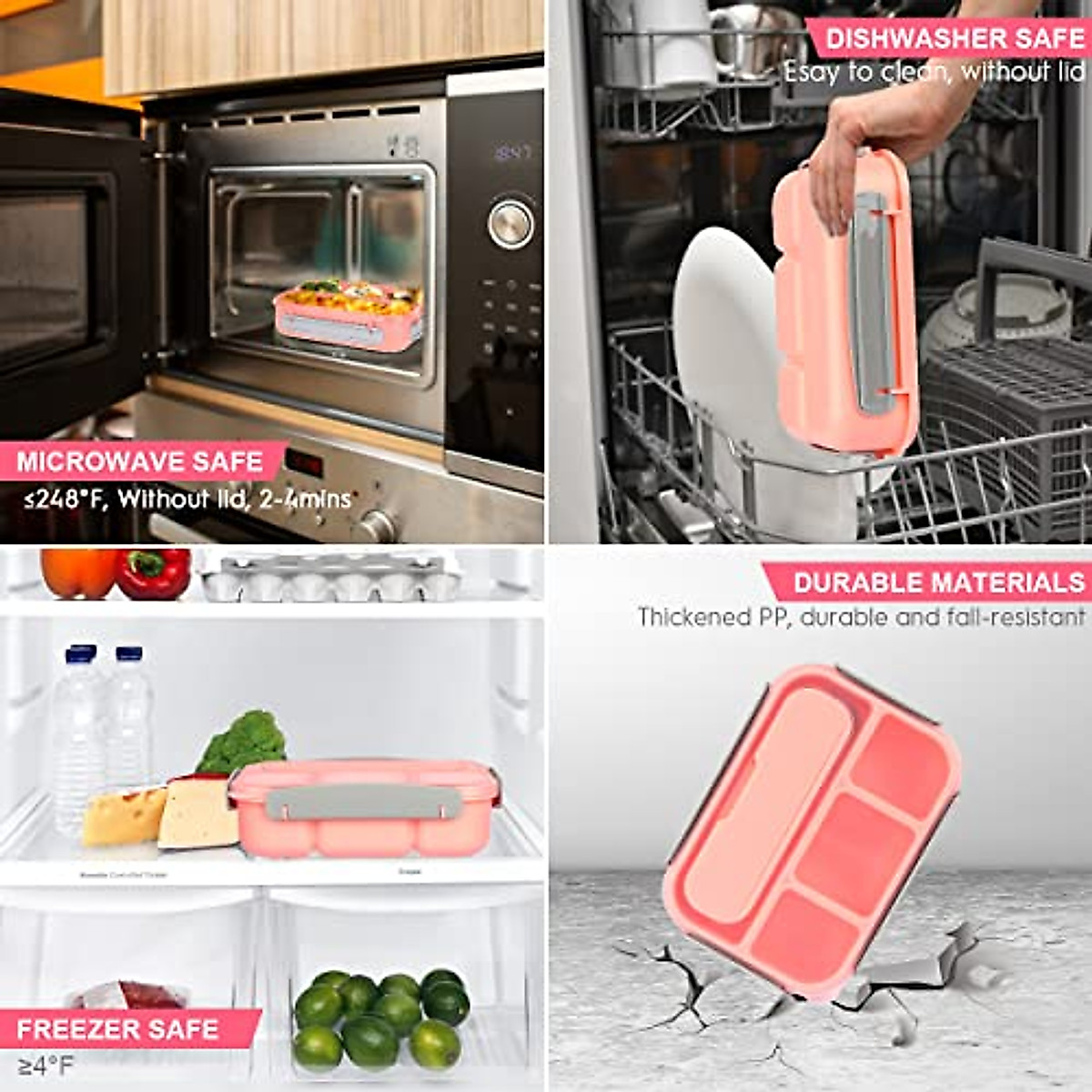 XIANKE 27Pcs Bento Box Lunch Box Kit, 1300ML Lunch Container for Kids/Adults, Durable Leak-proof Box 4 Compartments with Spoon Fork Bag Accessories, Microwave Dishwasher Freezer Safe,BPA-Free