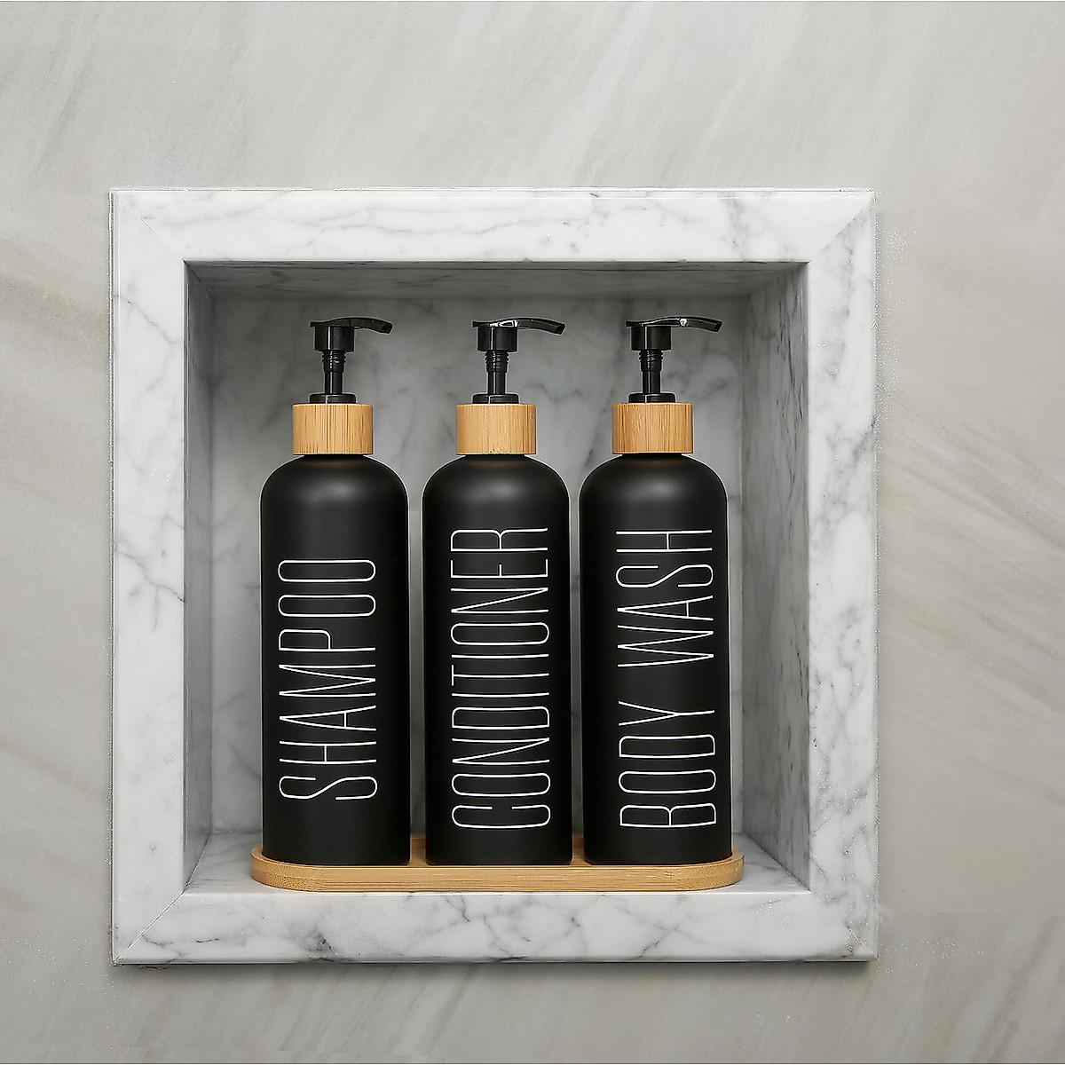 Prus Waso Shampoo and Conditioner Dispenser, Contains Shampoo Conditioner Body Wash Dispenser. Shower Dispenser with Bamboo Pumps & Tray, Perfect for Bathroom Essentials for New Home. (Black)