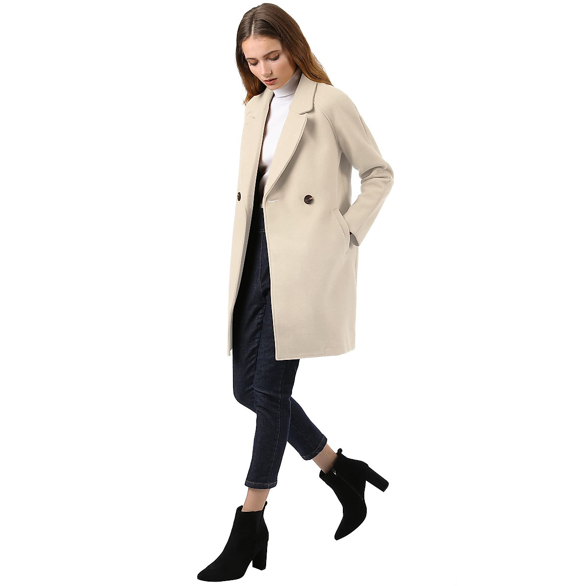 Allegra K Women's Notched Lapel Double Breasted Raglan Winter Coats Small Cream White