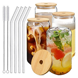 Sohapy Drinking Glasses 4pcs Set, Can Shaped Cups with Bamboo Lids and Glass Straw, 16oz Beer Glasses, Tumbler Cup, Wine Whiskey Cups Iced Coffee Glasses, Ideal for Cocktail, Gift - 2 Cleaning (4)