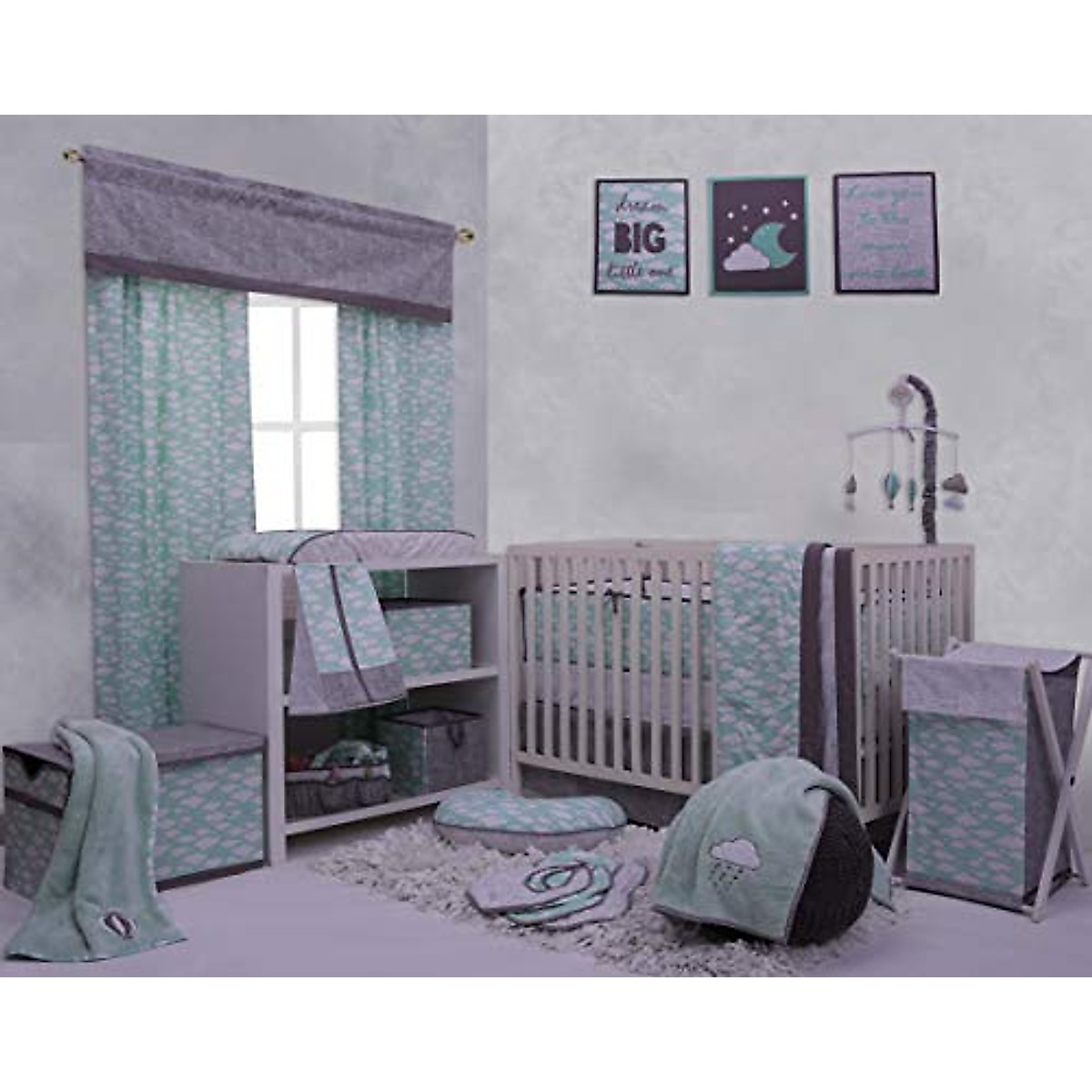 Bacati Clouds in The City Clouds Quilted Changing Pad Cover, Mint/Grey