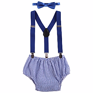 Baby Boys Cake Smash Outfit First Birthday Bloomers Bowtie Adjustable Y Back Suspenders Clothes set Royal Blue Striped One Size
