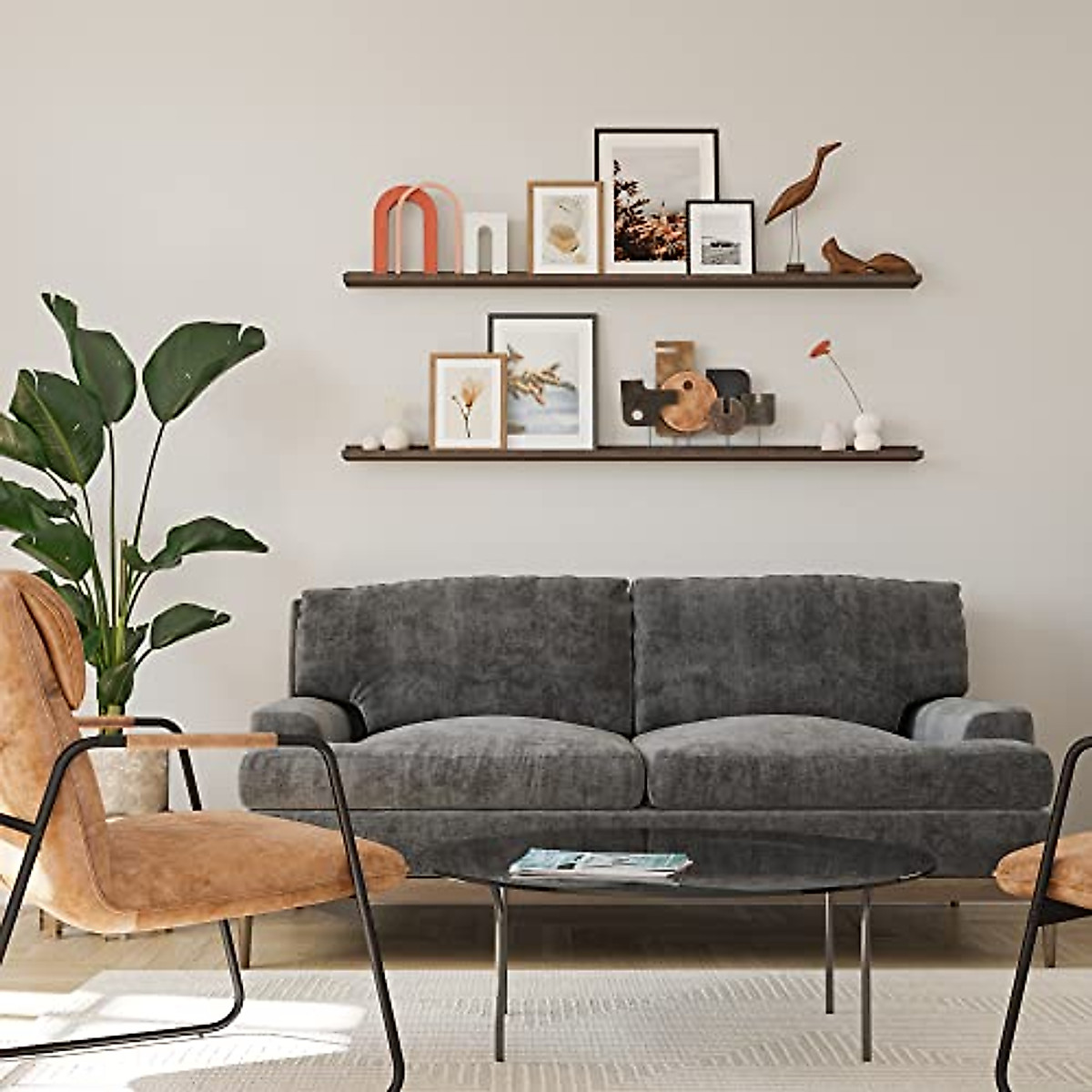 Rustic State Ted Wall Mount Extra Long Narrow Picture Ledge Photo Frame Display - 60 Inch Floating Wood Shelf for Living Room Office Kitchen Bedroom Bathroom - Torched Brown - Set of 2