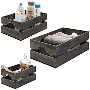 MyGift Rustic Gray Solid Wood Storage Organizer Box with Handle, 3 Piece Various Size Decorative Nesting Crate