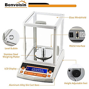 Bonvoisin Analytical Balance 300gx1mg Precision Lab Scale 0.001g Digital Analytical Scale RS232 Interface Laboratory Electronic Balance LCD Display with Windshield (300g, 1mg)