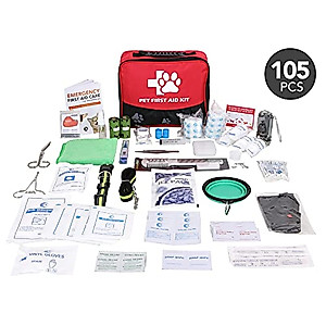 JUSAID Pet First Aid Kit, 105 Piece Nursing Supplies with Emergency Collar, First Aid Instructions and More Ideal for Home, Office, Travel, Car, Hiking, Any Emergencies for Pets, Dogs, Cats