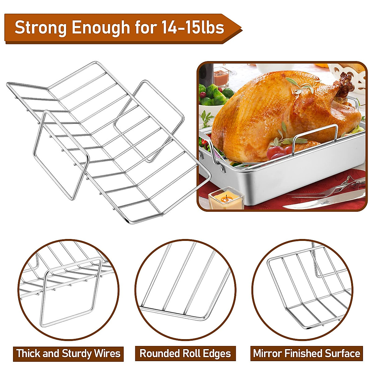 Joyfair 14-inch Roasting Pan with Rack, Stainless Steel Turkey Roaster Baking Pan & V-Shaped Rack for Chicken Meat Vegetable, Rectangular Lasgana Pan with Riveted Handle, Heavy Duty & Dishwasher Safe