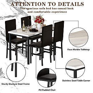 Hooseng Modern 5 Piece Dining Room Furniture Set - White Table with Faux Marble Top and PU Leather Chairs for 4, Apartment, Home Bar, Small Spaces