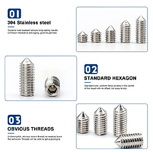 NINDEJIN Allen Set Screws with Wrench Kit, 304 Stainless Steel Hex Grub Screws, Metric M4/ M5 Cone Point Set Screws Bolts Assortment Set for Door Handles Bathroom Fixtures (5 mm/6 mm/8 mm/10 mm/12 mm)