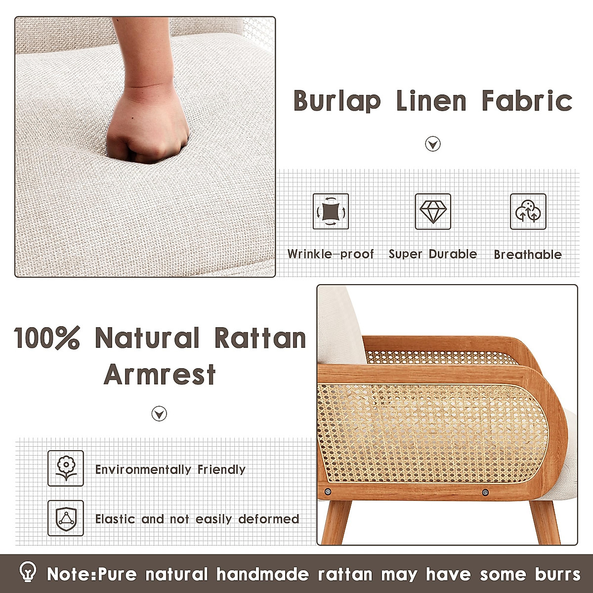 Andeworld Accent Chair with Rattan Arms,Upholstered Mid Century Modern Living Room Armchair, Side Club chair with Burlap Linen Fabric for Living Room Bedroom Balcony, Beige