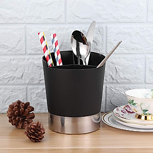 Hemoton Kitchen Utensil Organizer and Drainer,Utensil Holder Caddy Flatware Caddy Cutlery Holder Cutlery Drainer with 3-Compartment(Black)