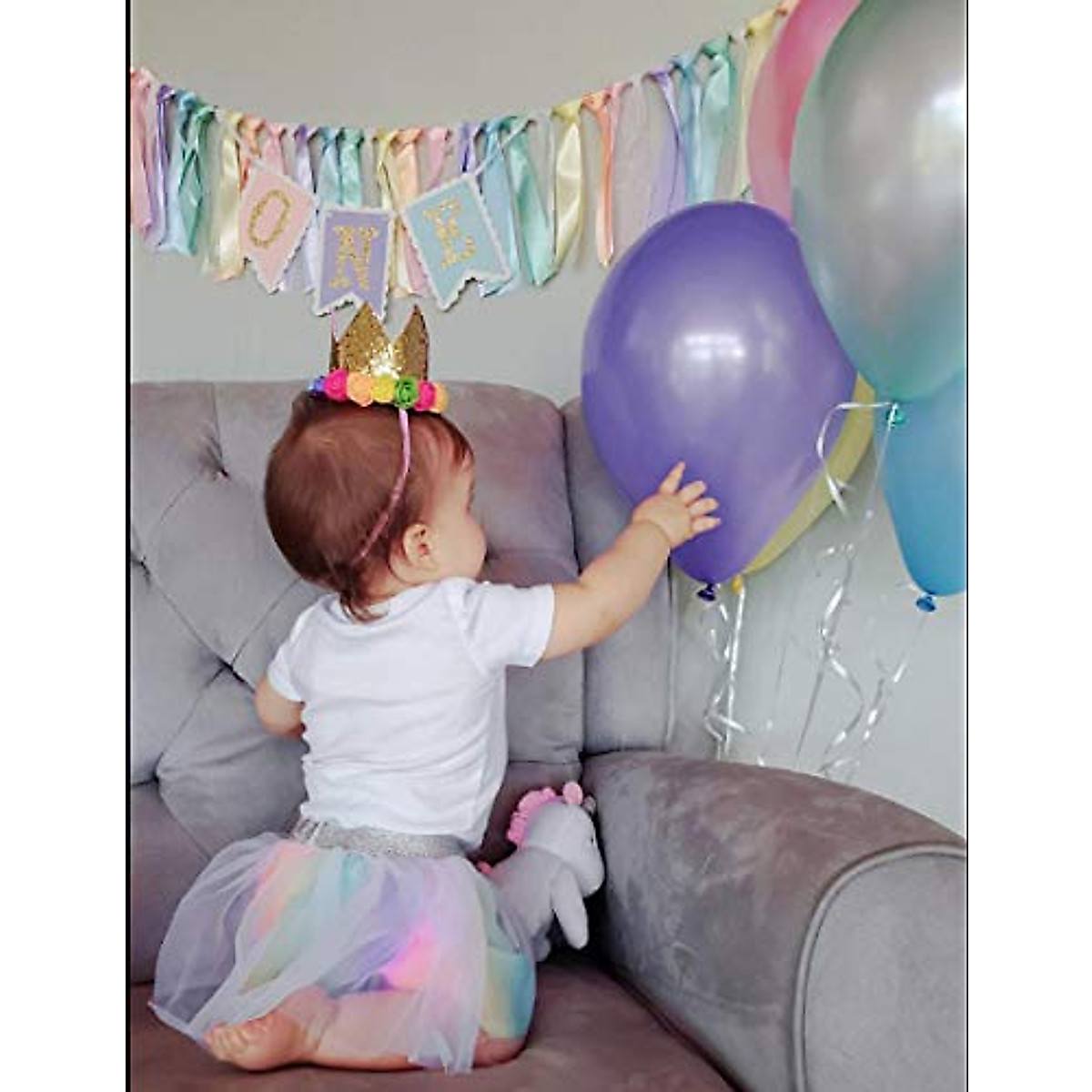 Rainbow High Chair Banner for 1st Birthday - Baby Girl Rainbow Smash Cake for Photo Props, First Birthday Photo Background, Macarons Color Ribbon (Rainbow High Chair Banner)