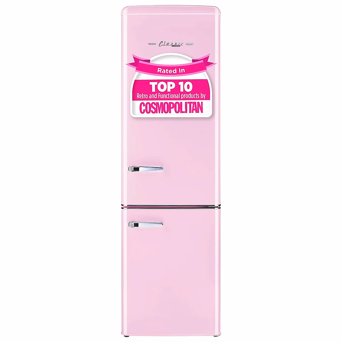 Unique Appliances UGP-275L BP AC Classic Retro Refrigerator 9 cu./ft. Electric Bottom-Mount Fridge, Metal, Sliding Non-Reversible Doors, Ideal for Fresh and Frozen Foods, Bubblegum Pink