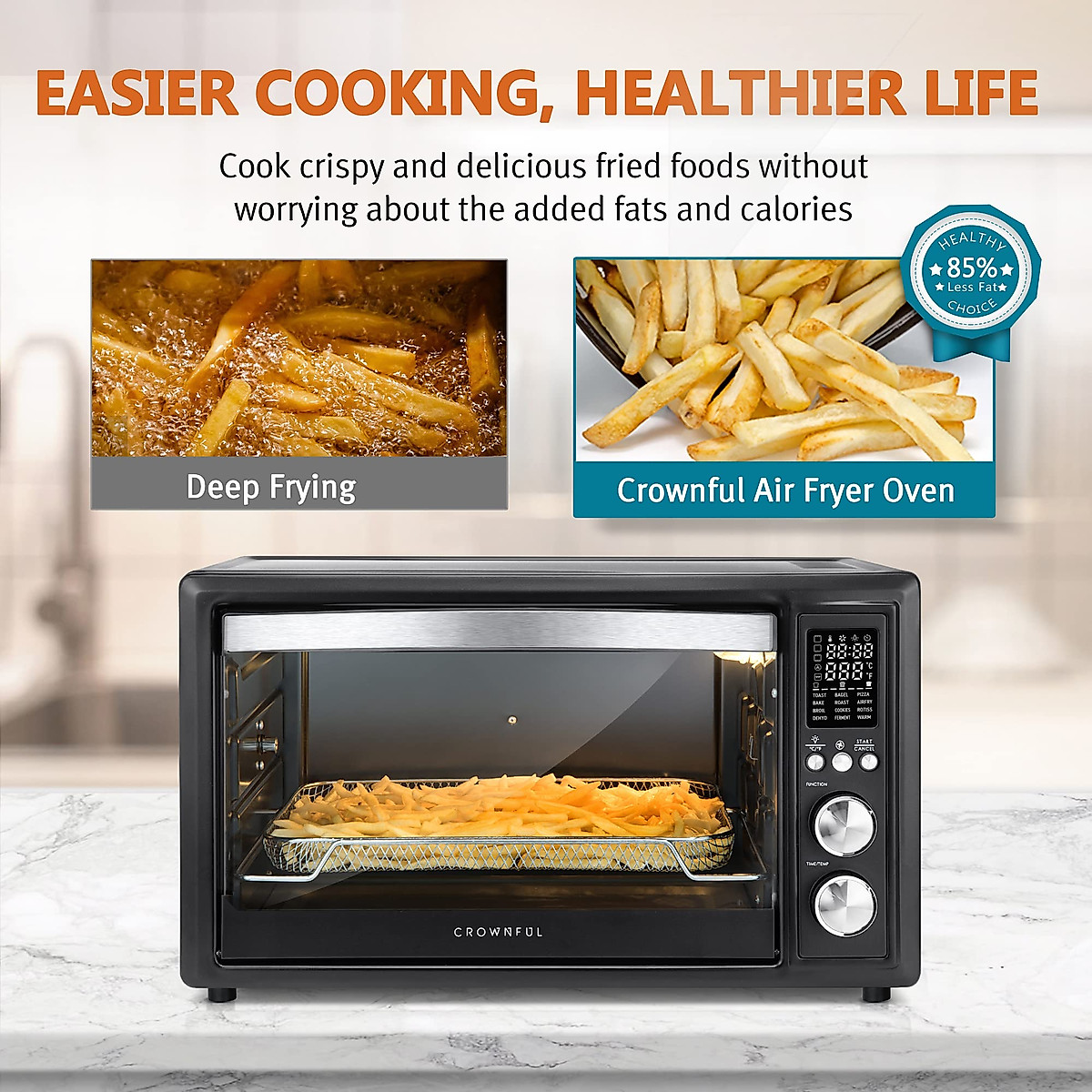 CROWNFUL Air Fryer Toaster Oven, 32 Quart Convection Roaster with Rotisserie & Dehydrator Combo Cooker, 12 Presets, Accessories and Cookbook Included, ETL Listed (Black)