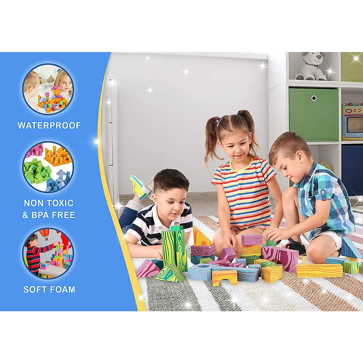 Morvat 60 Piece Colorful Soft EVA Foam Building Blocks Set, Waterproof Play Toy for Children Babies Toddlers & Kids, Boys & Girls Gift, Non Toxic & BPA Free, Bath Tub Platform, Carry & Dry Bag