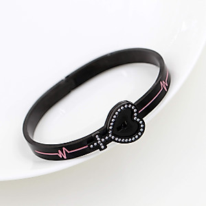 Stainless Black Heart Lock Bangle Heartbeat Line CZ Pave Cross Cuff Bracelet with Shield Key Pendant Necklace Couples Set (Heart, Black)