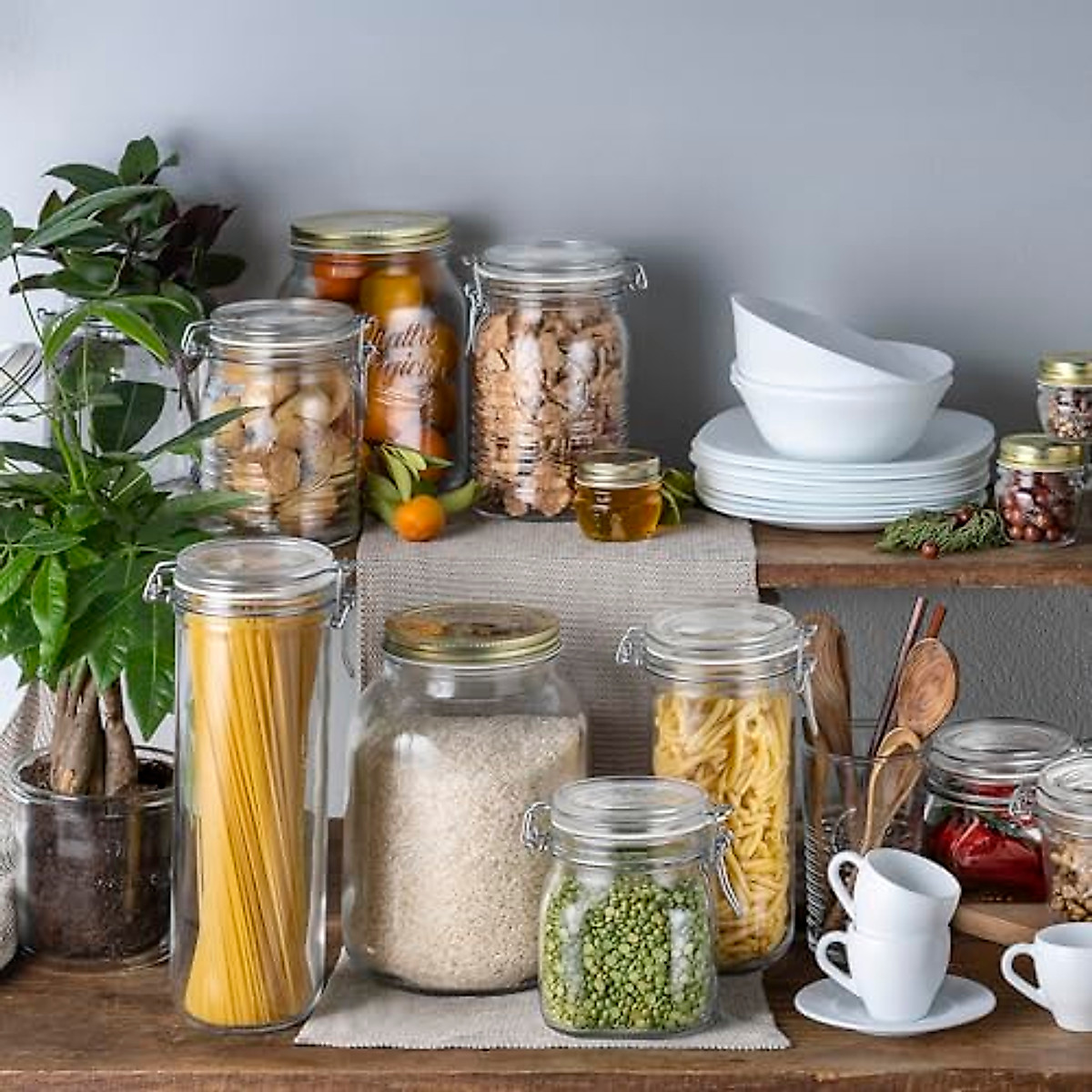 Bormioli Rocco Fido Cylinder Glass Jar with Airtight Gasket Clamp Lid for Canning and Preserving, or Storing Pasta and Dry Foods, 33.75 oz., Set of 6