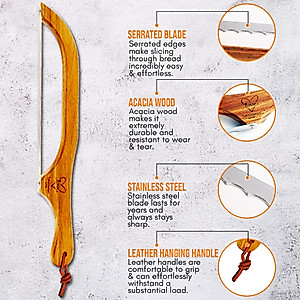 RIGHT HANDED US DESIGNED- Wooden Bread Bow Knife -Serrated Knife - Wooden Handle Bread Knife with Leather Hanging Strap - Sourdough Bread Knife for Homemade Bread with Linen Storage - Bread Knife Wood