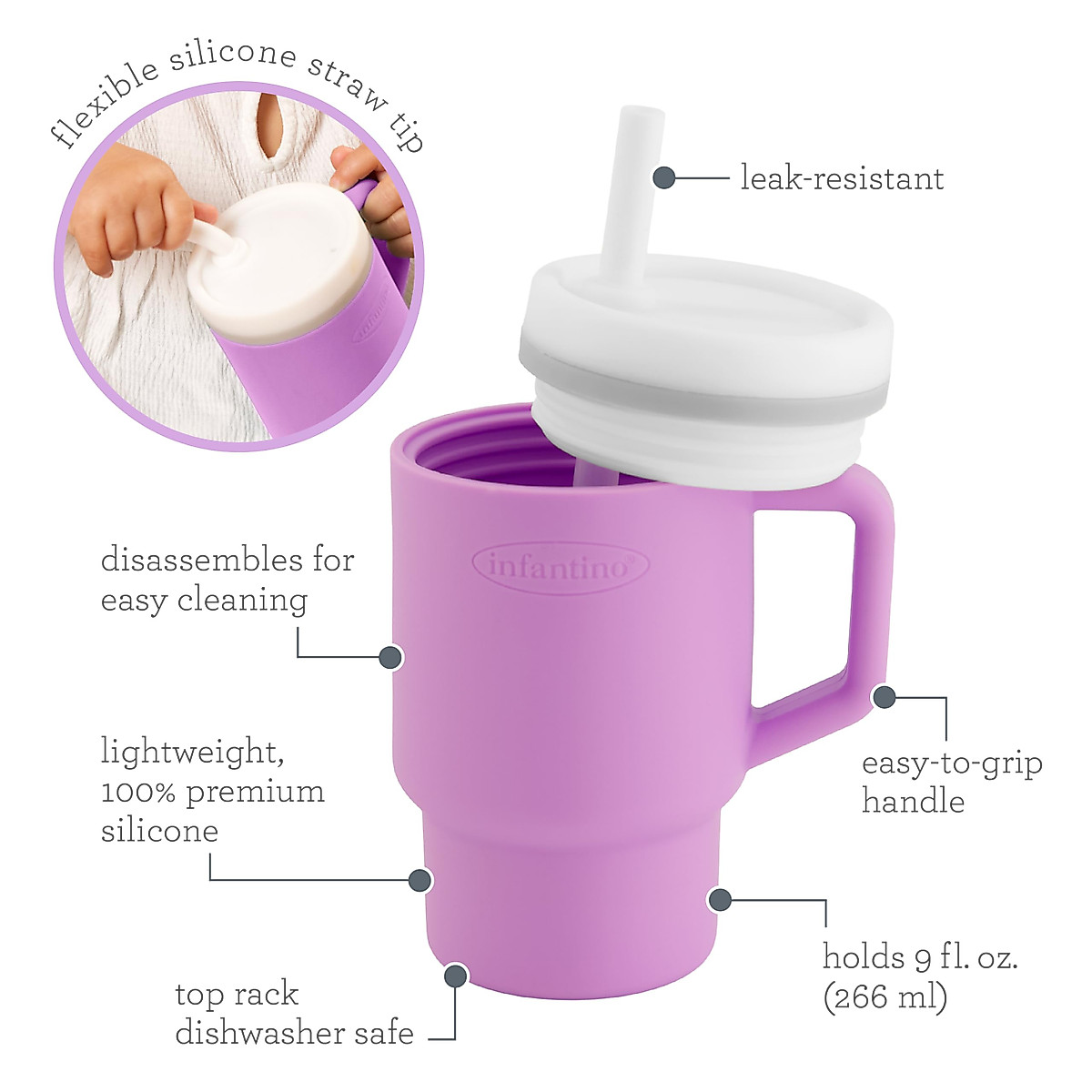 Infantino My 1st Tumbler – Adorable Miniature Tumbler with Leak-Resistant Straw and Toddler-Friendly Handle, Encourages Hydration, Easy to Clean, 9 fl. oz, Lilac