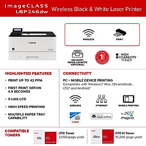 Canon imageCLASS LBP246dw - Monochrome Duplex, Wireless Laser Printer, Single Function, Mobile Ready, with 1 Year Limited Warranty, 42 PPM, White