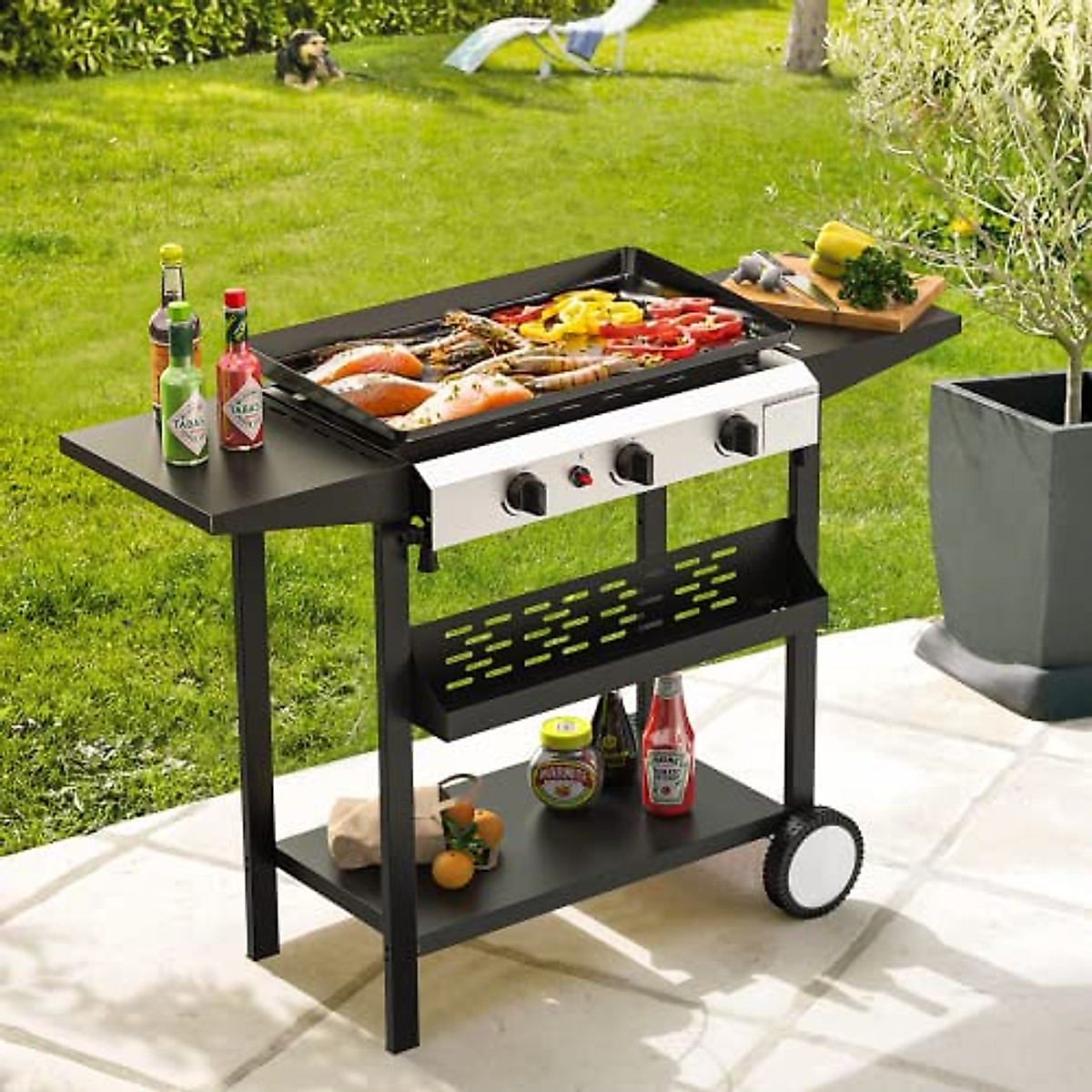 ADREAK 25.6 Inch 3 Burner BBQ Gas Grill Griddle, Stainless Steel Portable Detachable 30,000 BTU Table Top Propane Grill, Patio Garden Barbecue Grill with Two Side Table for Outdoor Cooking Camping or Tailgating (Only Griddle)