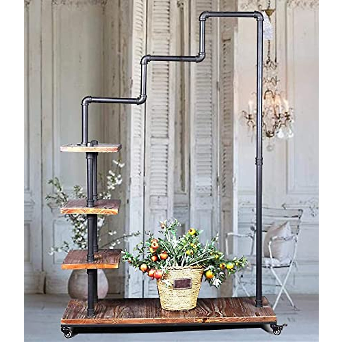 Diwhy Industrial Pipe Clothing Rack 4 Layers Pine Wood Shelving Shoes Rack With Wheels Cloth Hanger Household Shoe Rack Pipe Shelf Garment Racks