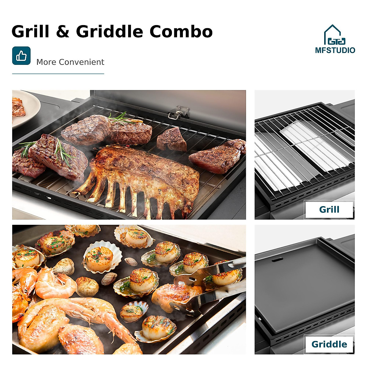 MFSTUDIO 2-Burner Propane Gas BBQ Grill with Cast Iron Griddle Pan, 20,000 BTU Output Small Barbecue Grill for Outdoor, Patio, Backyard and Balcony