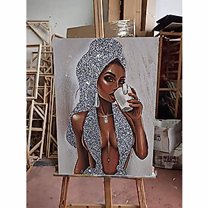 African American Black Woman Silver Glitter Textured Canvas Print Poster,Sparkly Women's Wall Decor Fashion Female Painting Canvas Prints Living Room Bedroom Bathroom Home Decor,16x24 inch,Unframed.