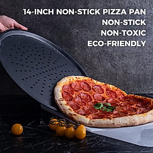 HONGBAKE 14 Inch Pizza Pan with Holes, 2 Pack Non-Stick Pizza Pan for Oven, Carbon Steel Perforated Pizza Tray, Crispy Pizza Set, Round Baking Sheet for Frozen & Homemade Pizza, Grey