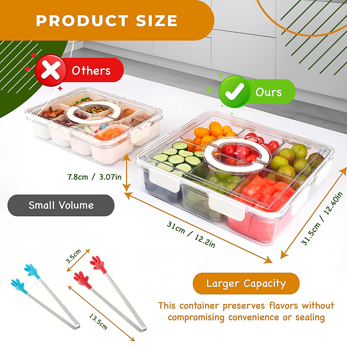 MUGA LARGE Divided Serving Tray with Lid & Handle- 6 Compartment Removable Snackle Box Charcuterie Container with 2 Silicone Tong, BPA-Free Fruit Storage Container.