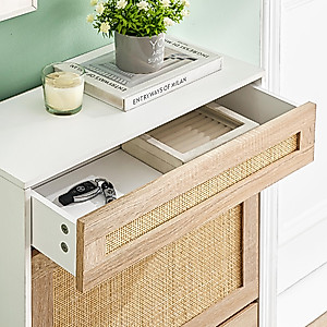 IDEAHOUSE Rattan Shoe Cabinet with 2 Flip Door & 1 Drawer - Wooden Free Standing Shoe Rack for Entryway, Hallway, Living Room (White)