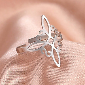Dreamtimes Witch Knot Ring for Women Stainless Steel Adjustable Open Finger Rings Celtic Quaternary Wiccan Witches Knot Ring Witchcraft Amulet Jewelry Birthday Gift (SILVER)