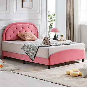 PUREMIND Twin Bed Frame for Kids, Kids Bed with Crystal Tufted Headboard, Princess Bed for Childs, Pink Dutch Velvet, Non-Slip Legs, Solid Wood Slats, Easy Assembly-Crystal Twin