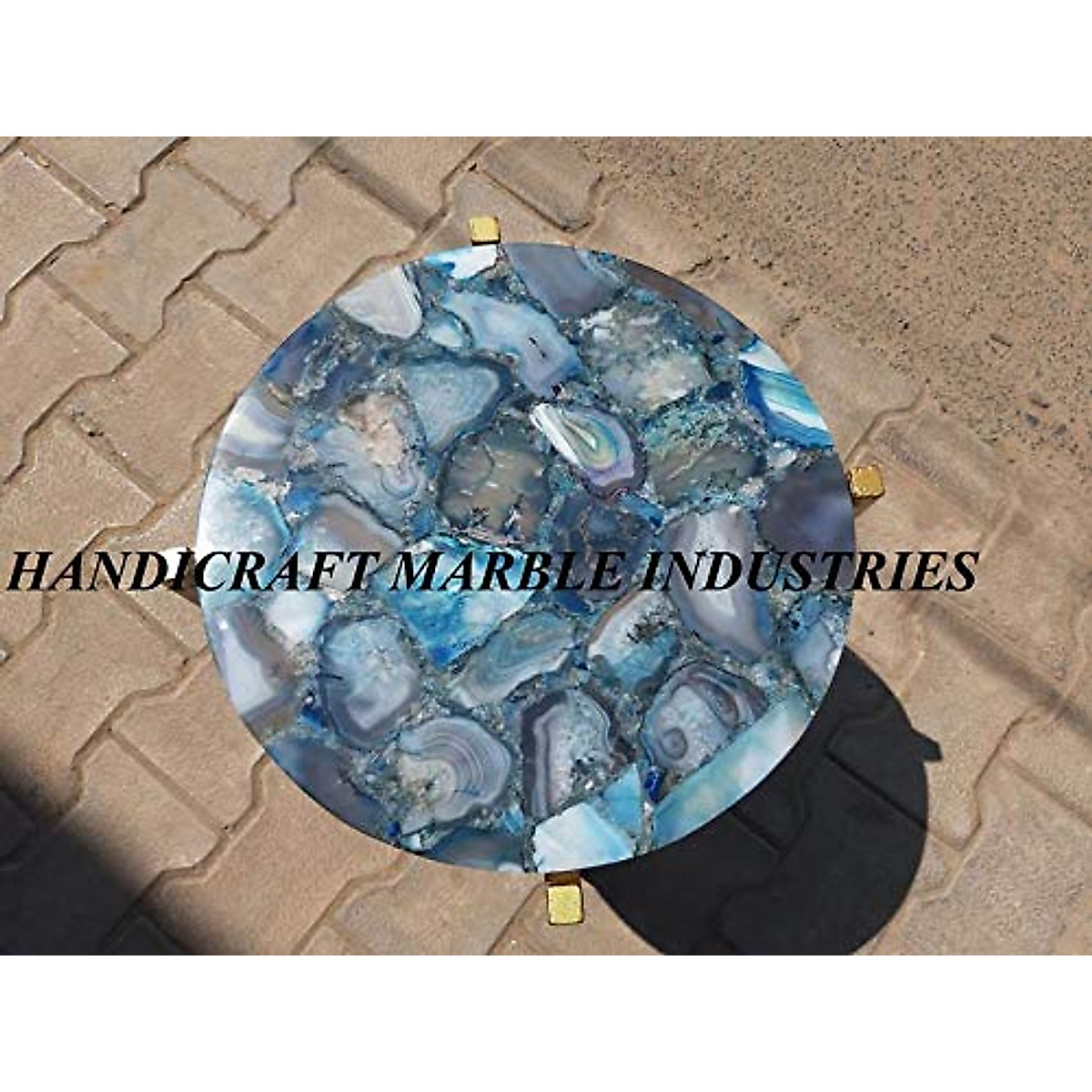 Blue Agate Round Table Top 12" x 12" Inch With Metal Stand, Blue Agate Side Table And Stand, Customized Blue Agate Table, Agate Stone Round Table, Family Heir Loom, Piece Of Conversation