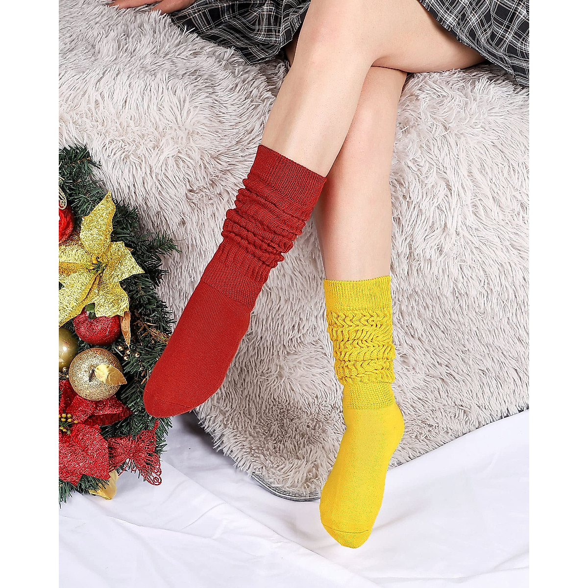 JOCMIC Slouch Socks for Women, Extra Long Women Scrunch Socks, White Stacked Socks Size 6-11 Grey