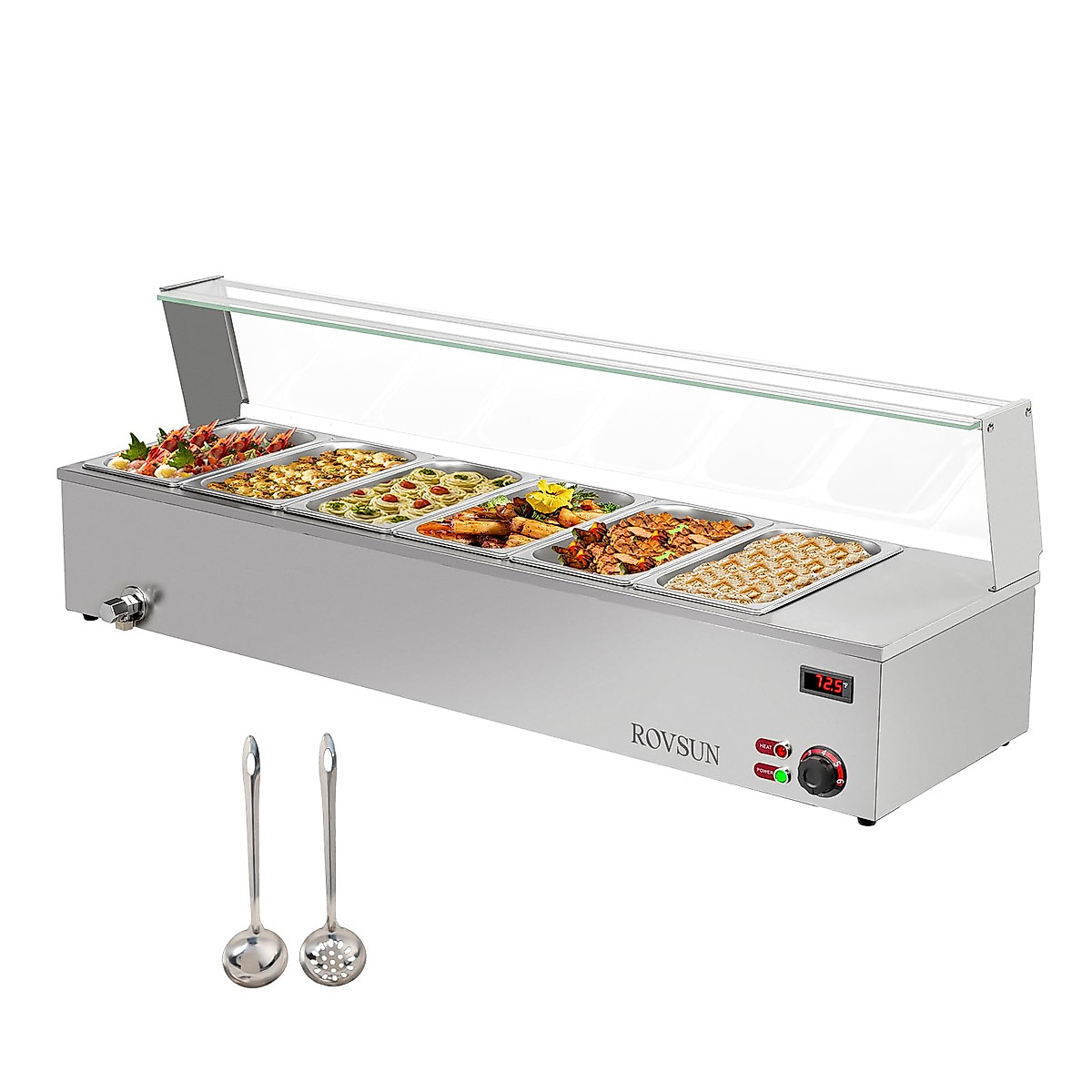 ROVSUN 48QT Electric Commercial Food Warmer, 6-Pan Steam Table 8QT/Pan Stainless Steel Bain Marie Countertop w/Acrylic Shield Temperature Control & Lid for Buffet Party Catering Restaurant 1500W 110V