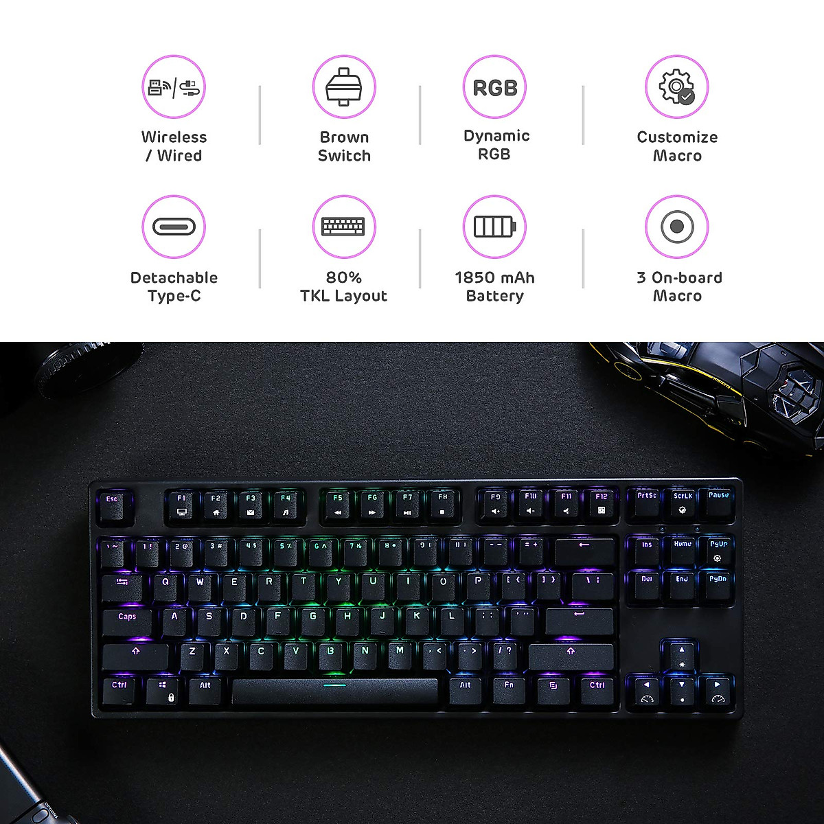 RK ROYAL KLUDGE RK87 Sink87G RGB Wireless TKL Mechanical Gaming Keyboard, 87 Keys No Numpad Tenkeyless Compact 2.4G Wireless Keyboard with Tactile Brown Switches, Exceptional Macro Settings