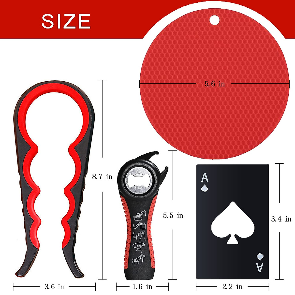 Jar Opener, Bottle Opener Kits for Weak Hands, 4&5-in-1 Multi Function Can Opener Non-Slip, Rubber Jar Gripper Pad, Ace Of Spades Card Bottle Opener, for Children, Elderly, Arthritis Hands