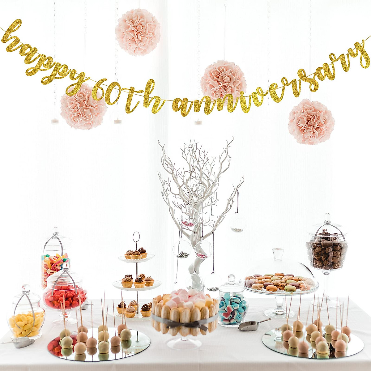 Dalaber Happy 60th Anniversary Banner, 60th Wedding / Anniversary Party Decorations, Happy Anniversary Theme Party Sign Anniversary Banner - Gold