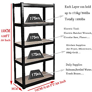 5 Shelf Adjustable Storage Shelving Unit, 59 Inch Tall Heavy Duty Garage Shelf with Boltless System, Metal Multi-Use Storage Shelving for Industrial Workshop / Garage, 1930LBS Total Capacity