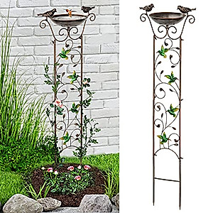 LEWIS&WAYNE Garden Trellis Bird Bath Outdoor, 40 Inch Antique Iron Garden Plant Trellis Decorative with Hummingbirds and Detachable Drinking Basin Bowl, Free Standing BirdBath Birdfeeder Station