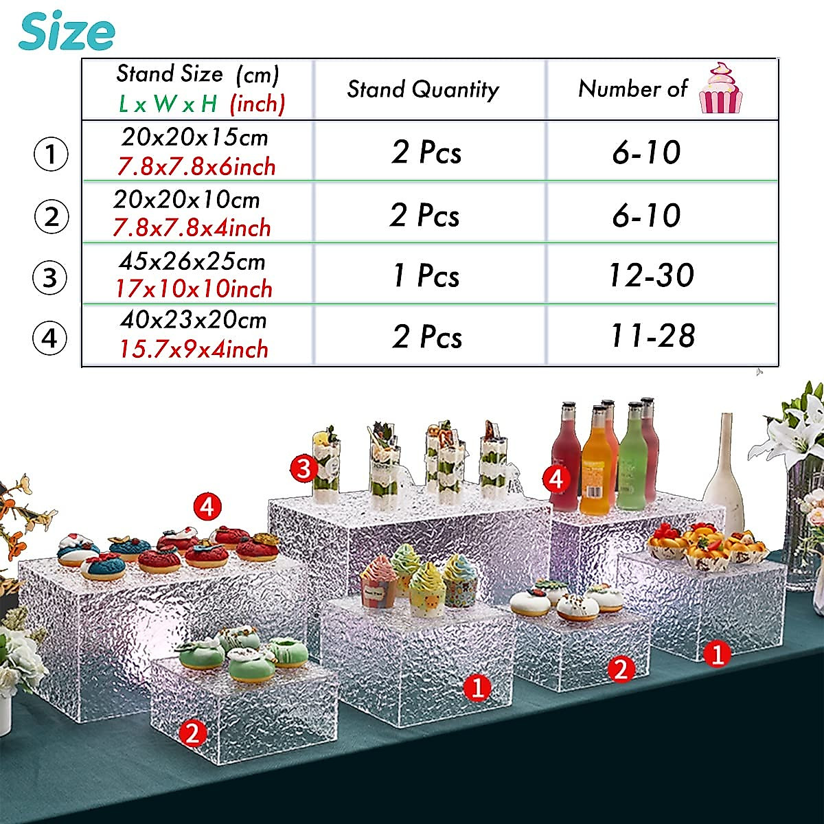 Treat Stand Set of 7 Pack/Cup Cake Tower for Kids Birthday/Baby Shower/Party, Rectangle Acrylic Cookie Stand/Serving Stands with Lid, 7 Pcs Treat Holder Kit Plastic